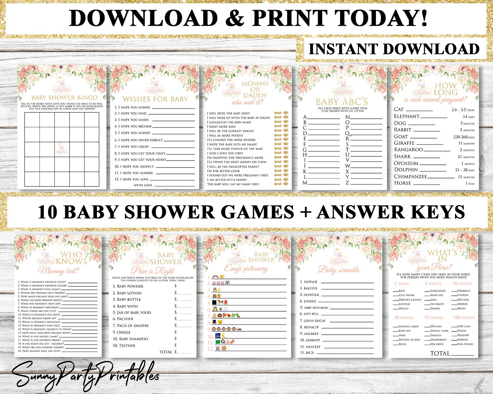 Floral Baby Shower Games Bundle, Girl Pink Floral Baby Shower Games ...