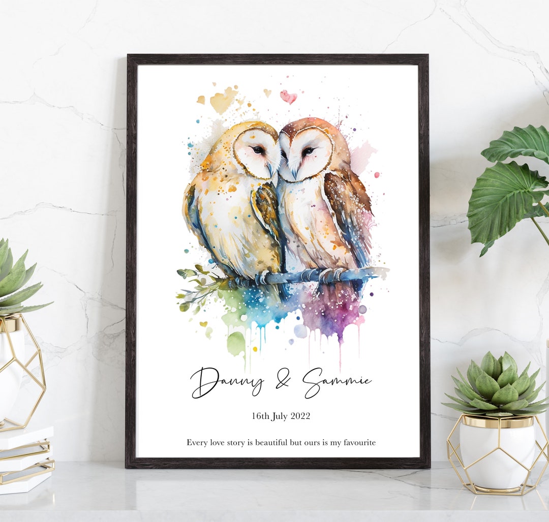 Personalised Barn Owl Couple Print, Owls in Love, Paper Anniversary ...