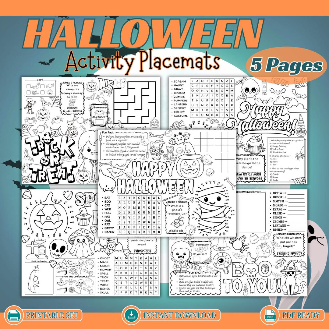 Halloween Activity Placemats Set of 5 | Printable Kids Colouring & Fun ...
