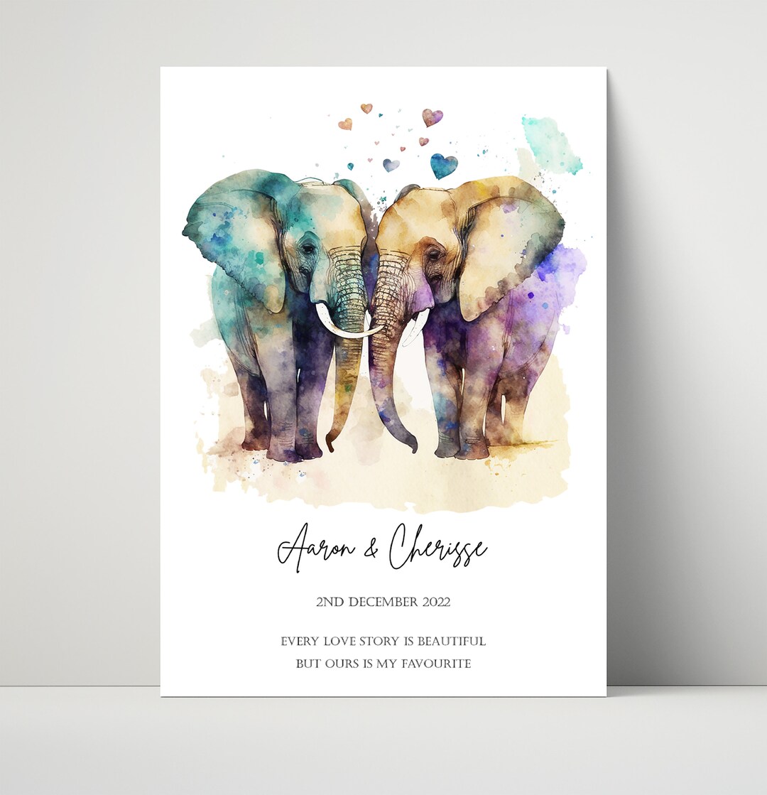 Personalised Elephant Couple Print, Elephants in Love, Paper ...