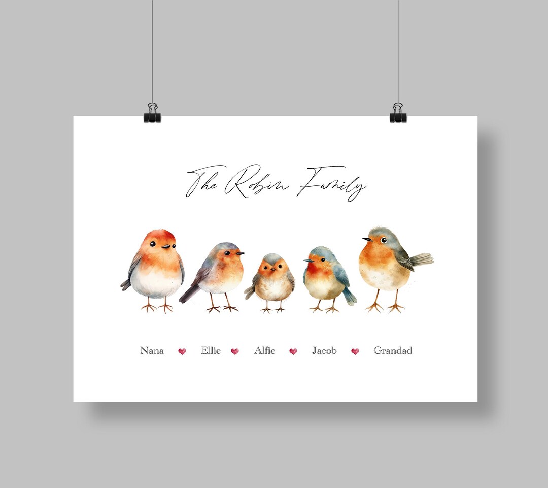 Personalised Robin Family Portrait Print With Any Names - Christmas ...
