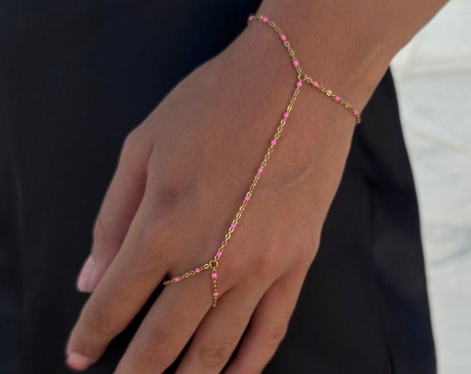 Pink Beaded Hand Chain, Hand Bracelet Finger Chain, Rosary Chain, Pink ...