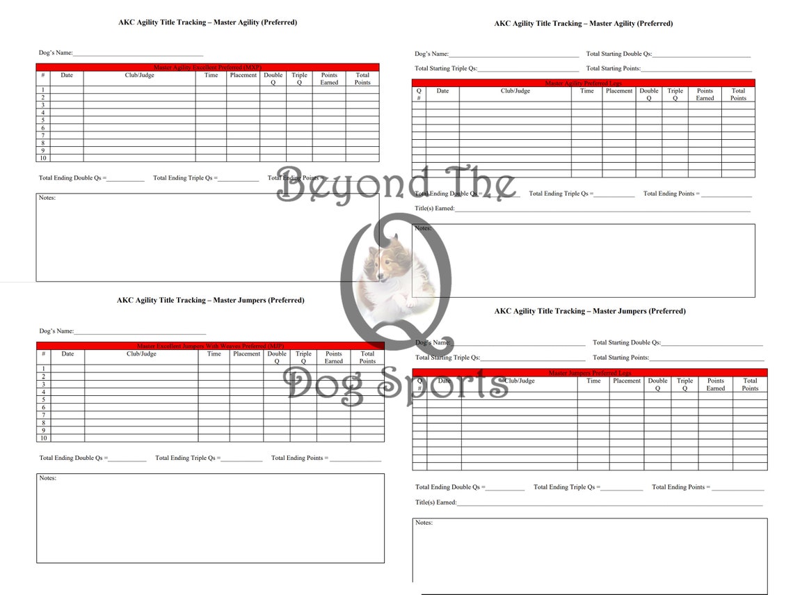 AKC Dog Agility Title Tracker Red - 29 Printable PDF Competition Forms ...