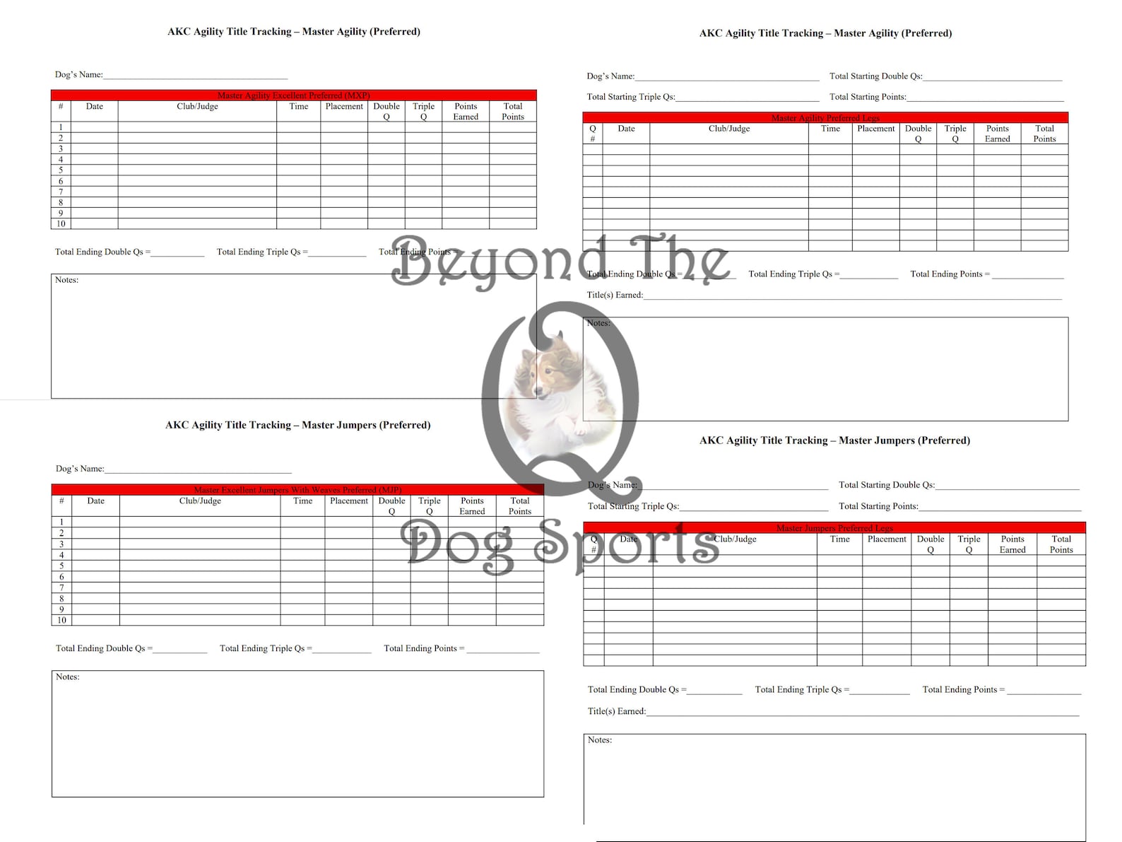 AKC Dog Agility Title Tracker Green 29 Printable PDF Competition Forms ...