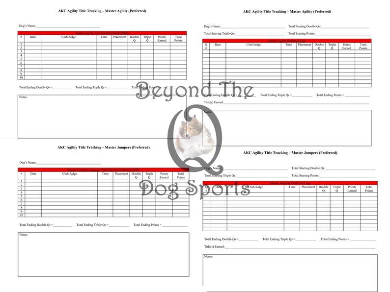 AKC Dog Agility Title Tracker Blue - 29 Printable PDF Competition Forms ...