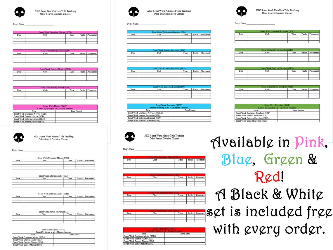 Red AKC Scent Work Printable Competition Dog Training Forms Log Title ...