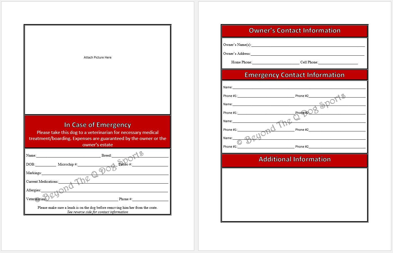 In Case of Emergency ICE Information Sheets Cards Car Dog Crate Travel ...