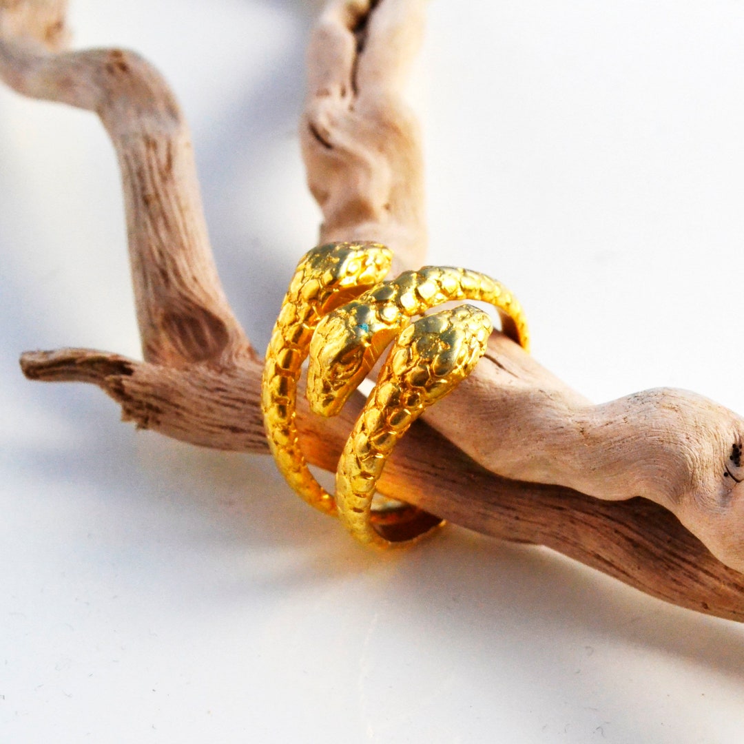 Three Head Snake Ring, Gold Plated Brass, Adjustable Handmade Jewelry ...