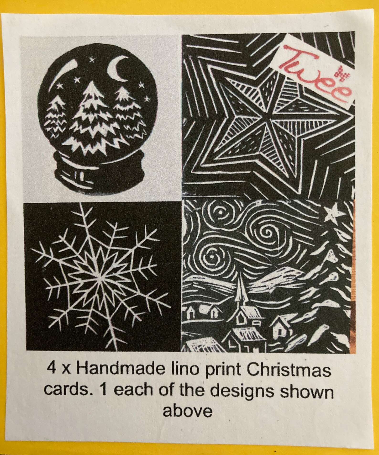 Christmas Card Pack - 4 X Hand Printed - Lino Printed Hand Cut Cards ...