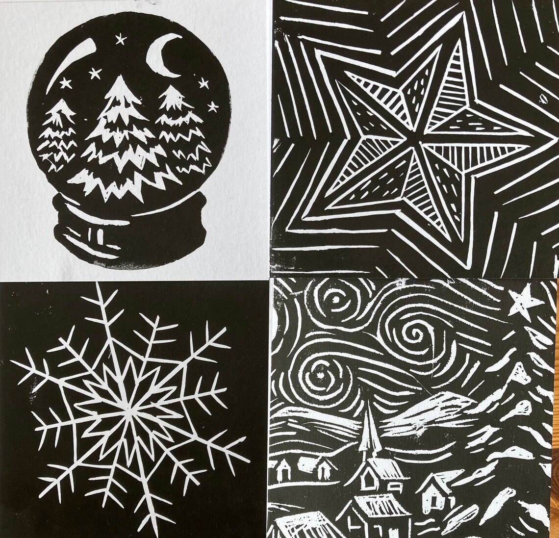 Christmas Card Pack - 4 X Hand Printed - Lino Printed Hand Cut Cards ...