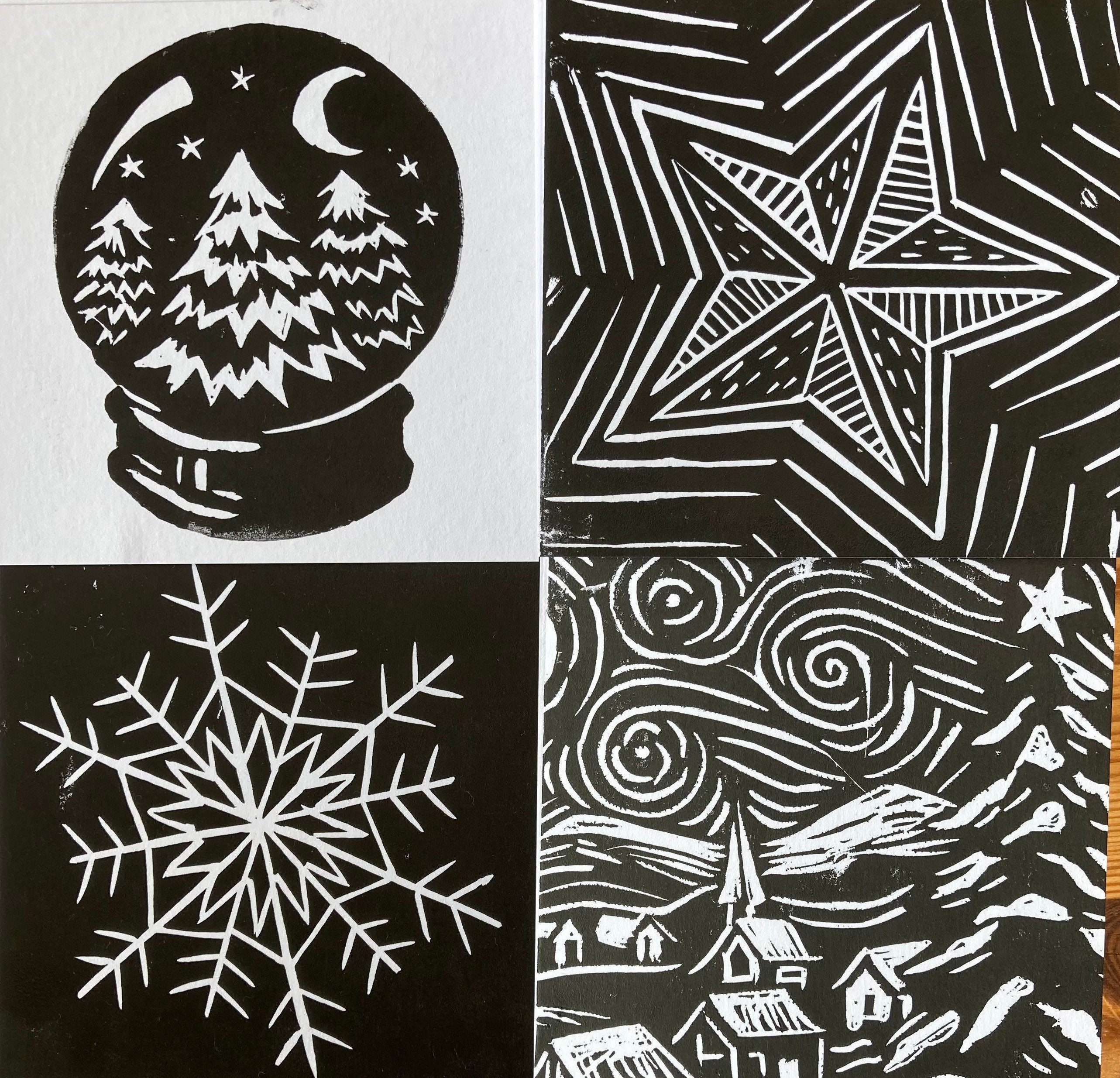 Christmas Card Pack - 4 X Hand Printed - Lino Printed Hand Cut Cards ...