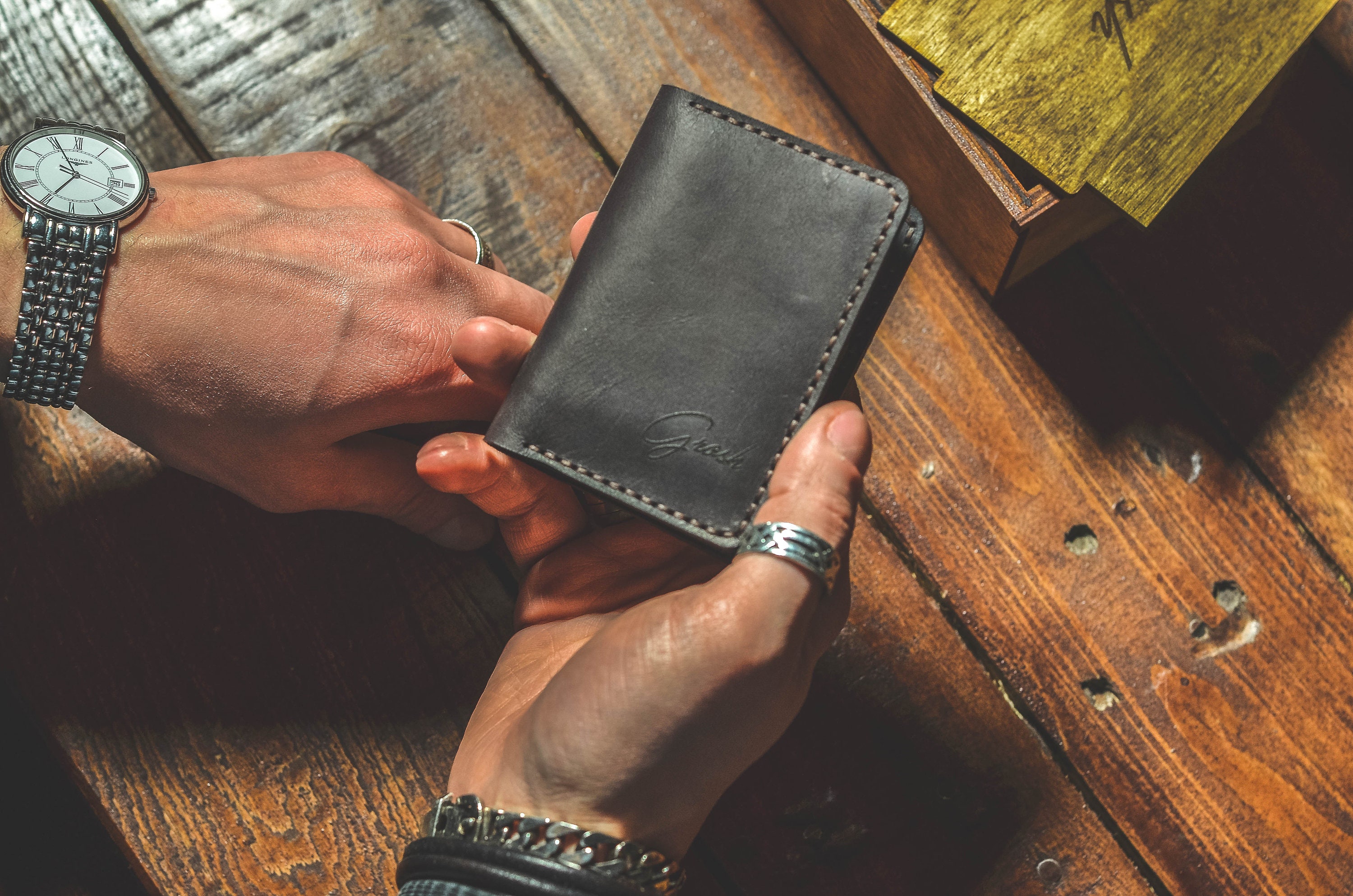 Minimalist slim leather wallet for men Personalized front | Etsy