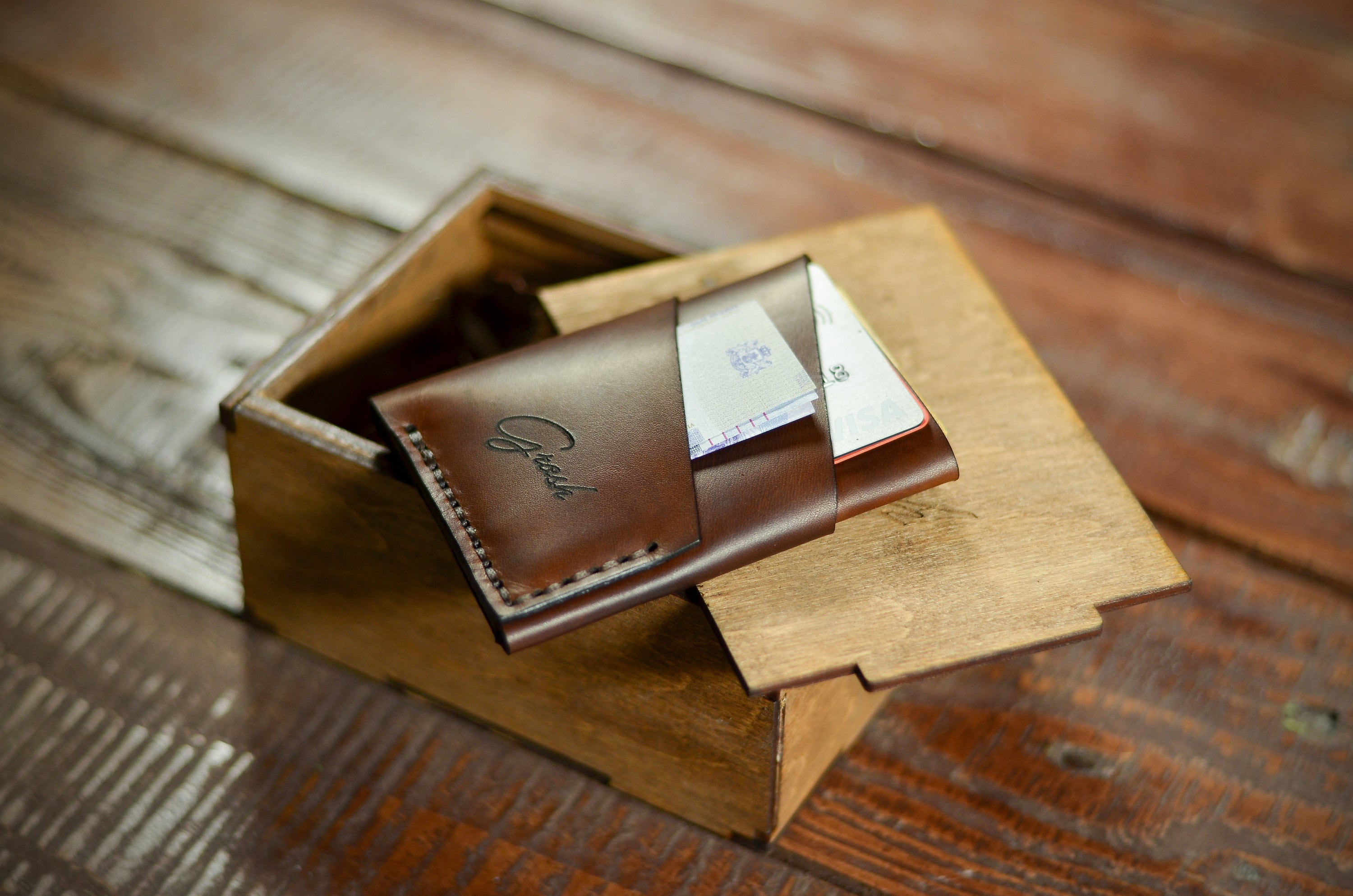 Personalized Slim leather business card holder brown leather | Etsy