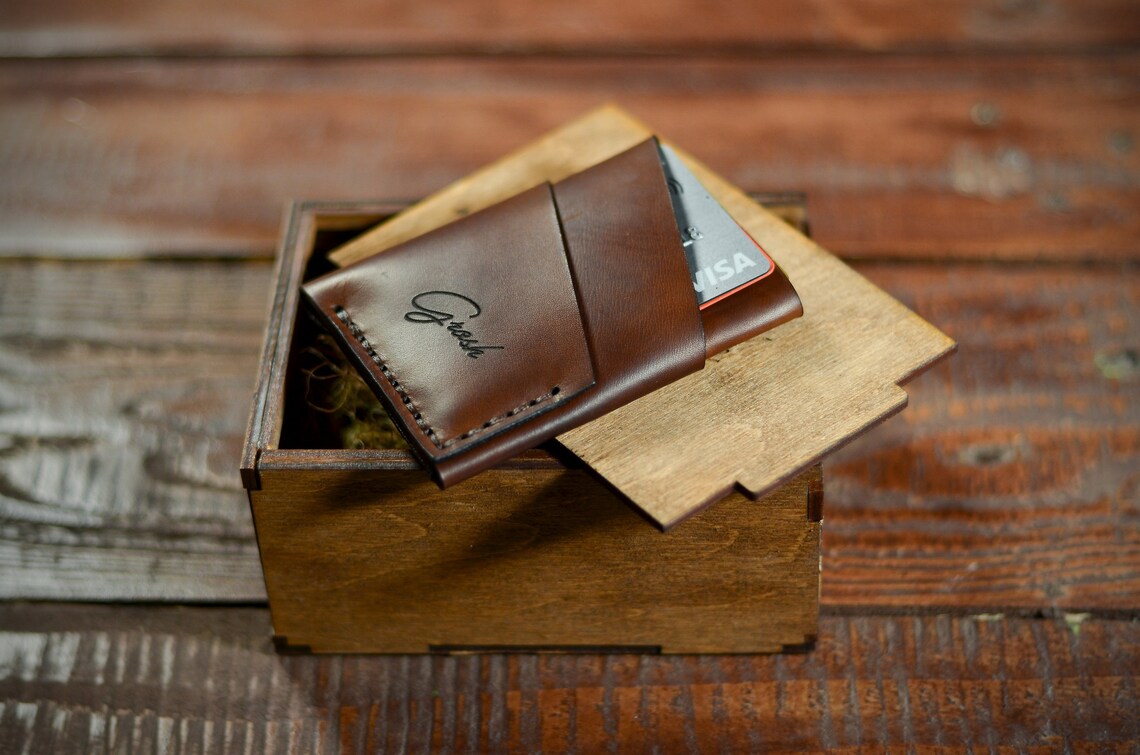 Personalized Slim leather business card holder brown leather | Etsy