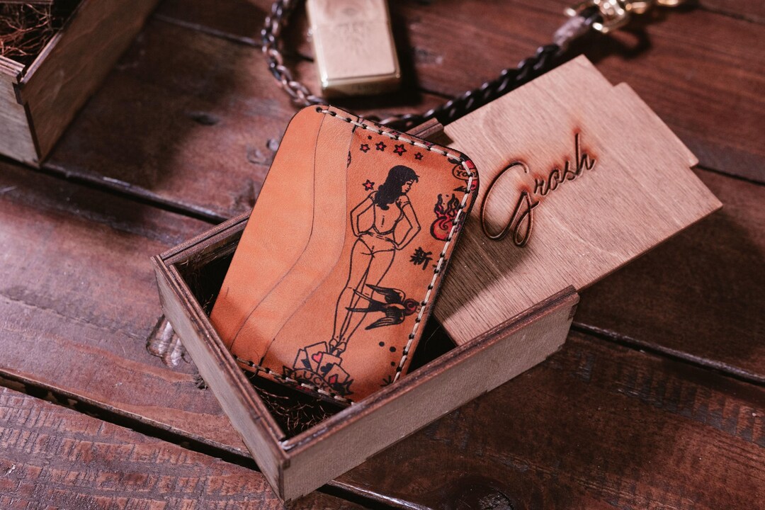 Old School Tattoo Leather Wallet: Handmade Italian Leather Card Holder ...