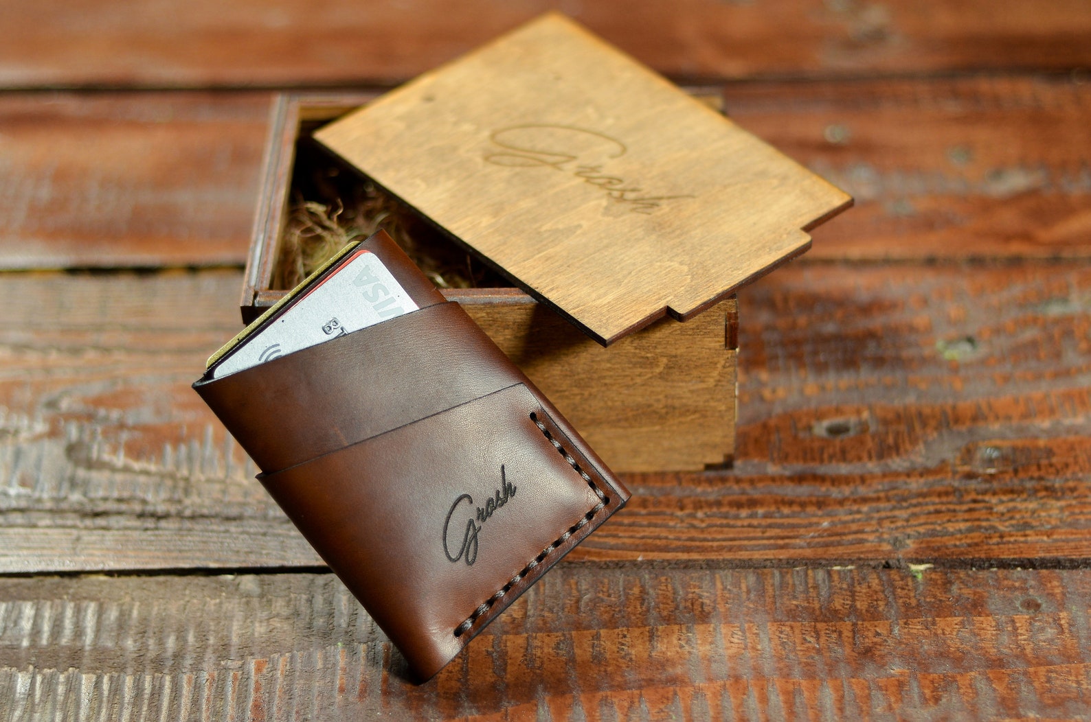 Personalized Slim leather business card holder brown leather | Etsy