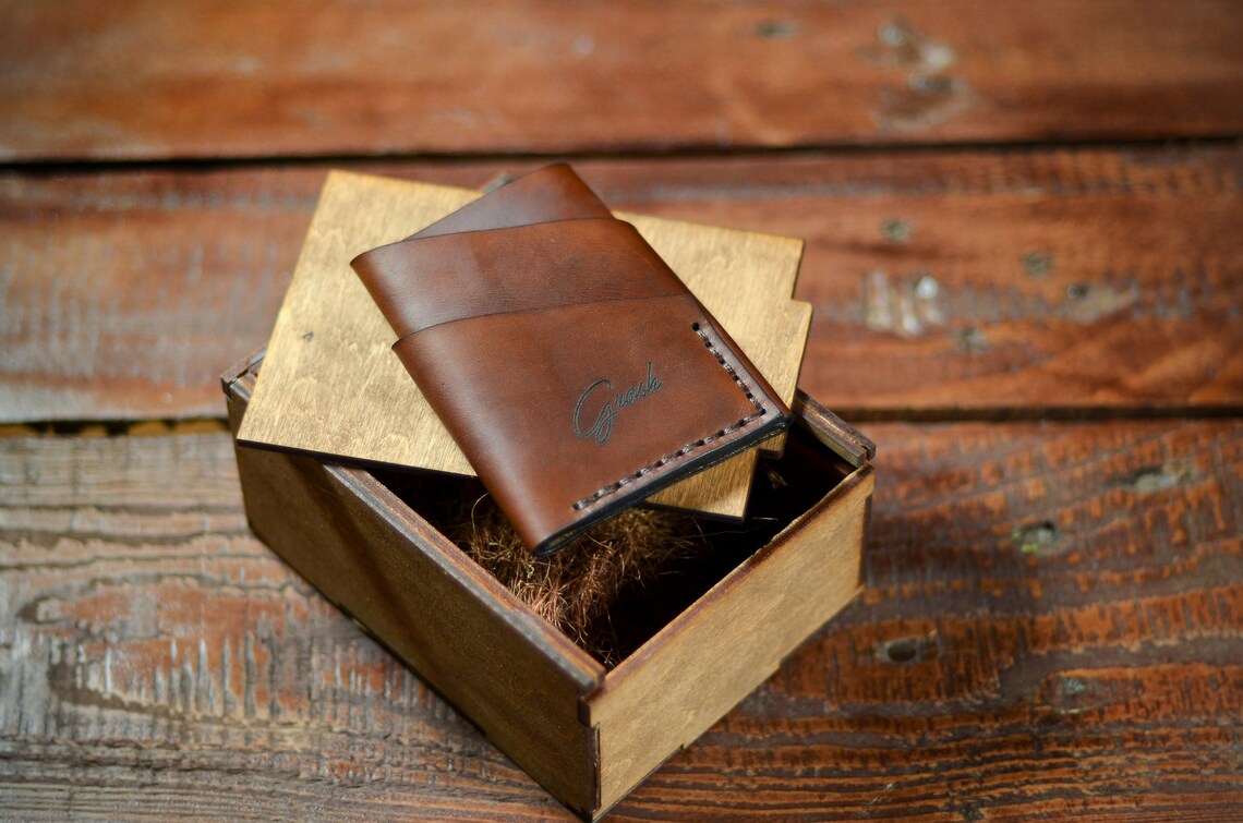 Personalized Slim leather business card holder brown leather | Etsy