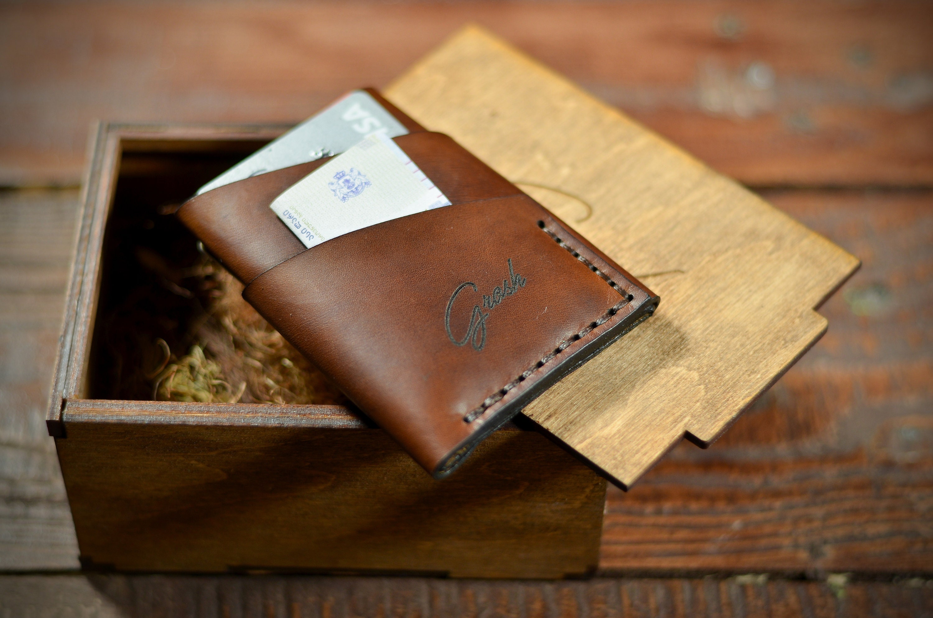 Personalized Slim leather business card holder brown leather | Etsy