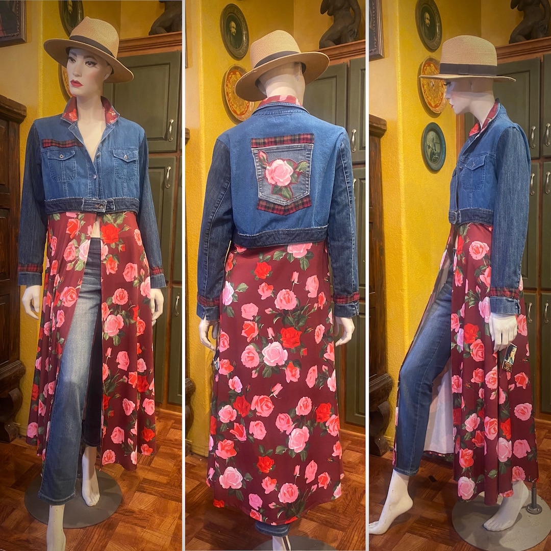 Upcycled Denim Duster, Refashioned Red Rose Duster, Gypsy Coat ...