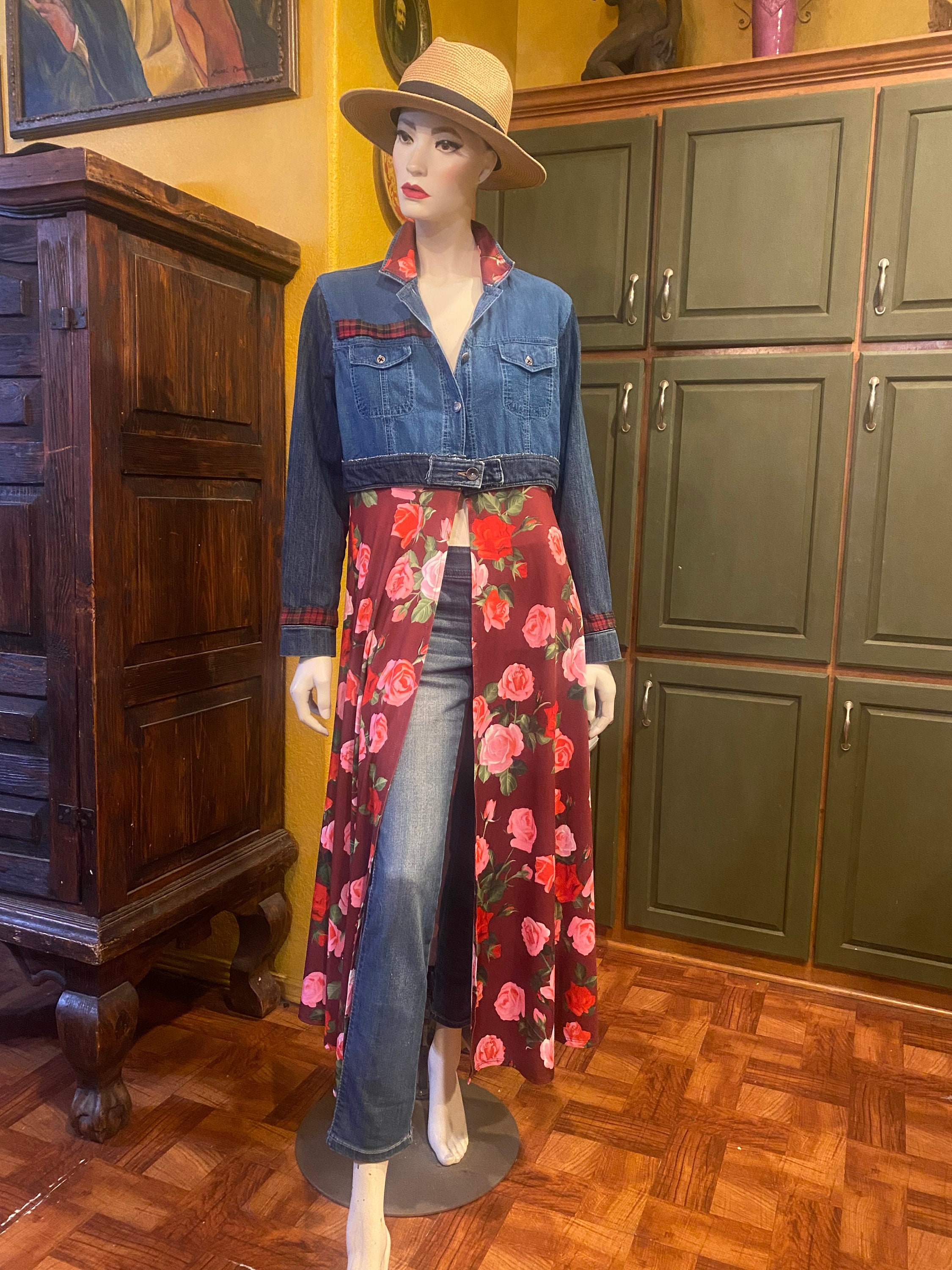 Upcycled Denim Duster, Refashioned Red Rose Duster, Gypsy Coat ...