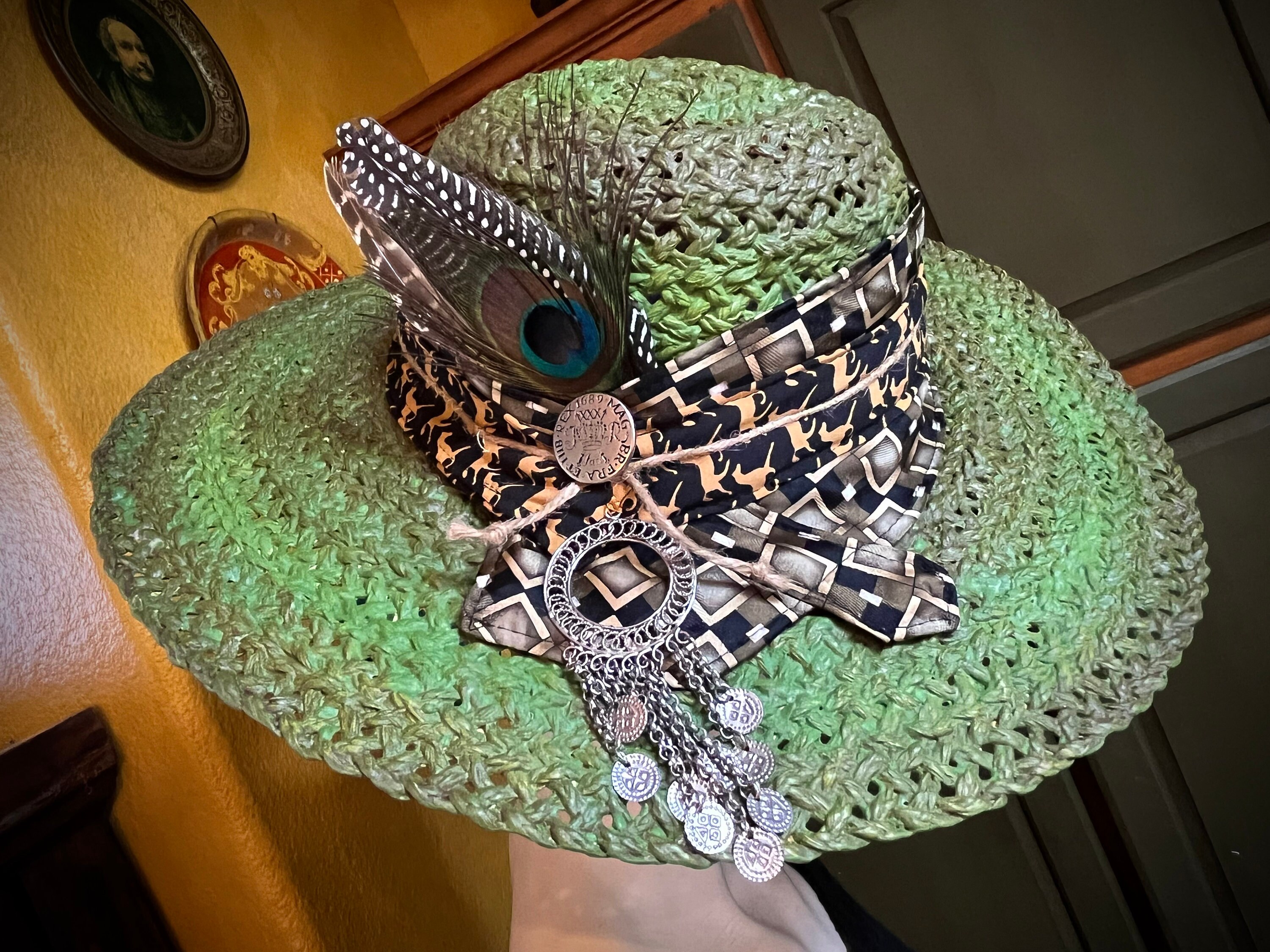 Upcycled Wide Brim Hat, Green Hand Painted Hat, Embellished Hat,boho ...