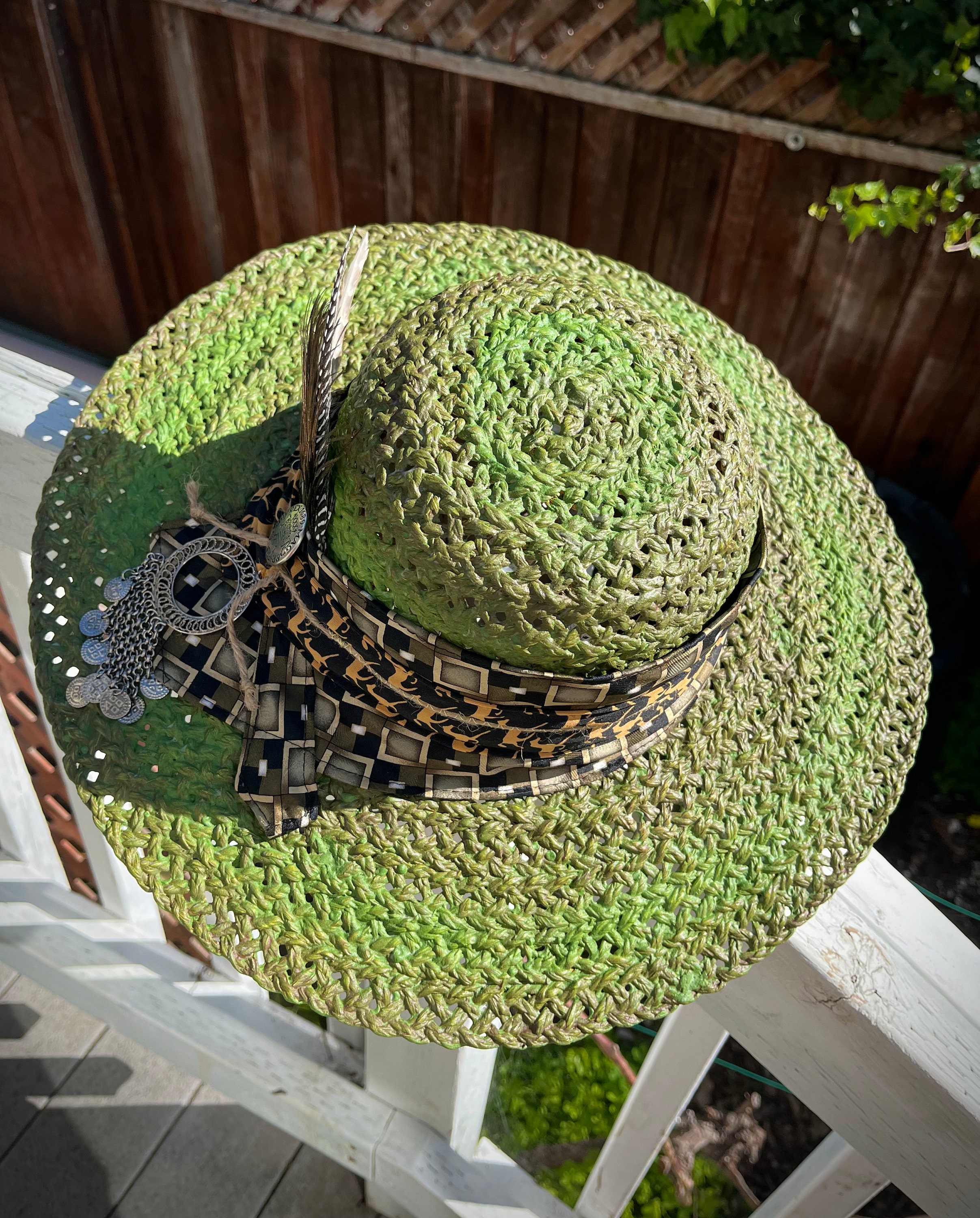 Upcycled Wide Brim Hat, Green Hand Painted Hat, Embellished Hat,boho ...