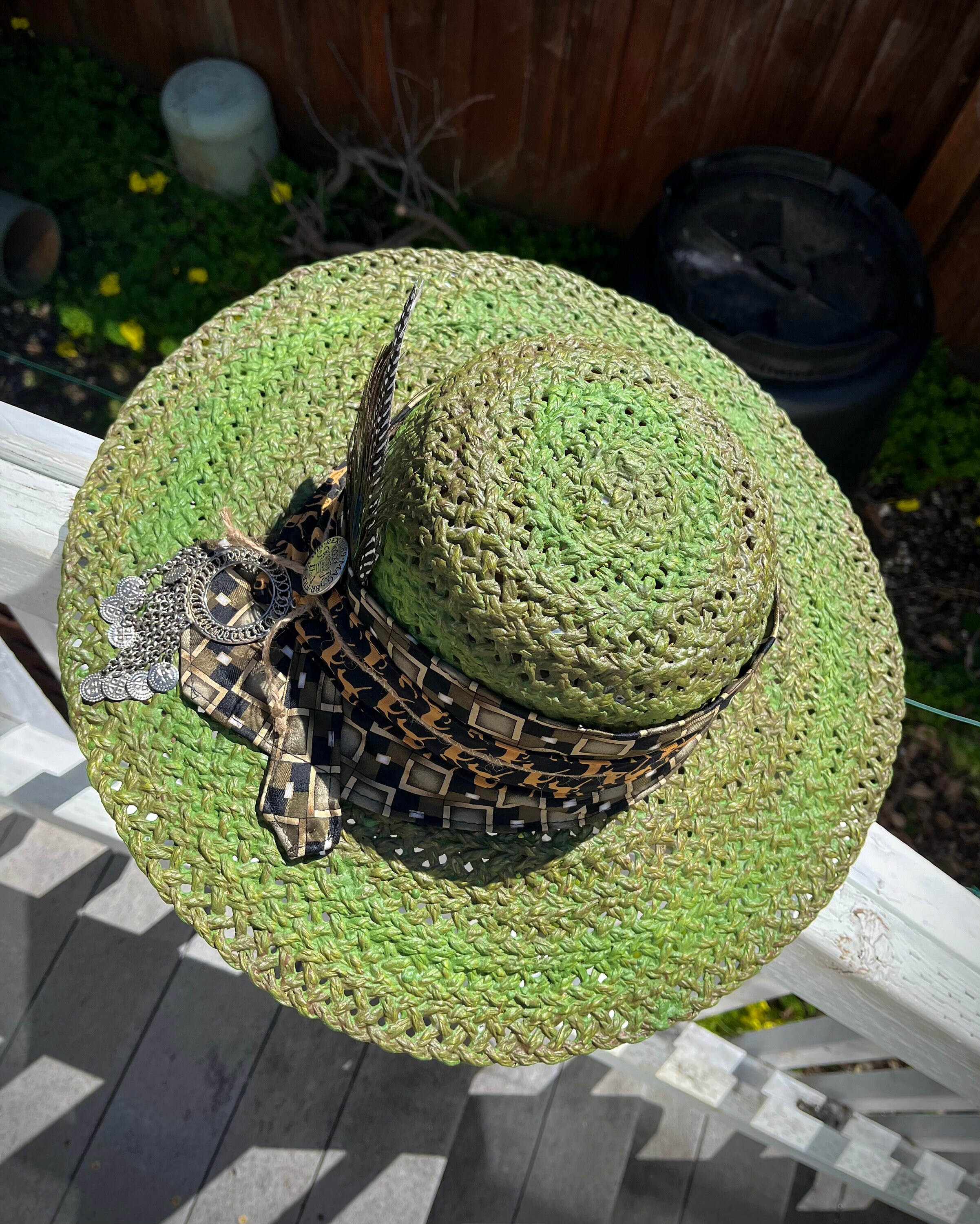 Upcycled Wide Brim Hat, Green Hand Painted Hat, Embellished Hat,boho ...