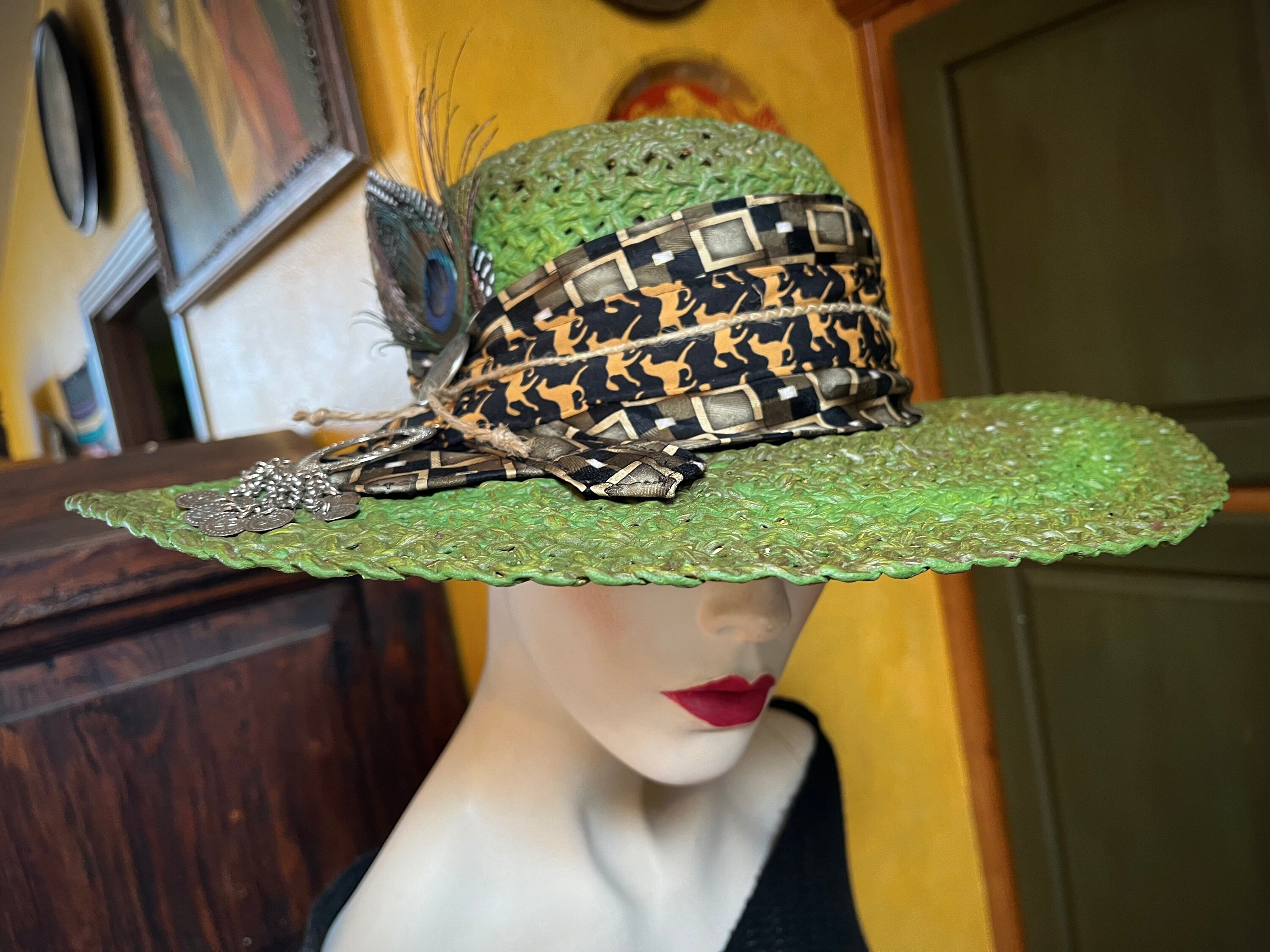 Upcycled Wide Brim Hat, Green Hand Painted Hat, Embellished Hat,boho ...