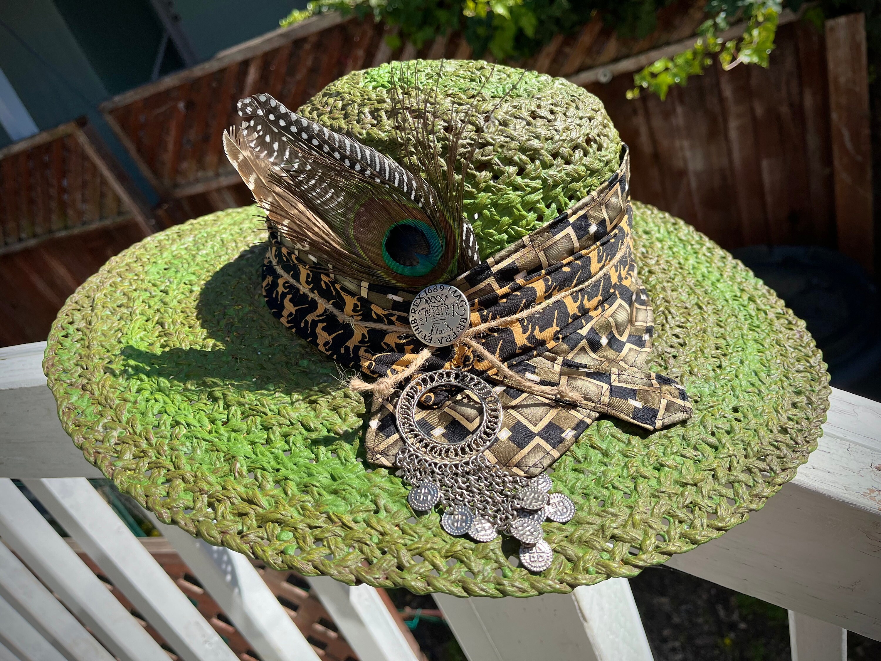 Upcycled Wide Brim Hat, Green Hand Painted Hat, Embellished Hat,boho ...