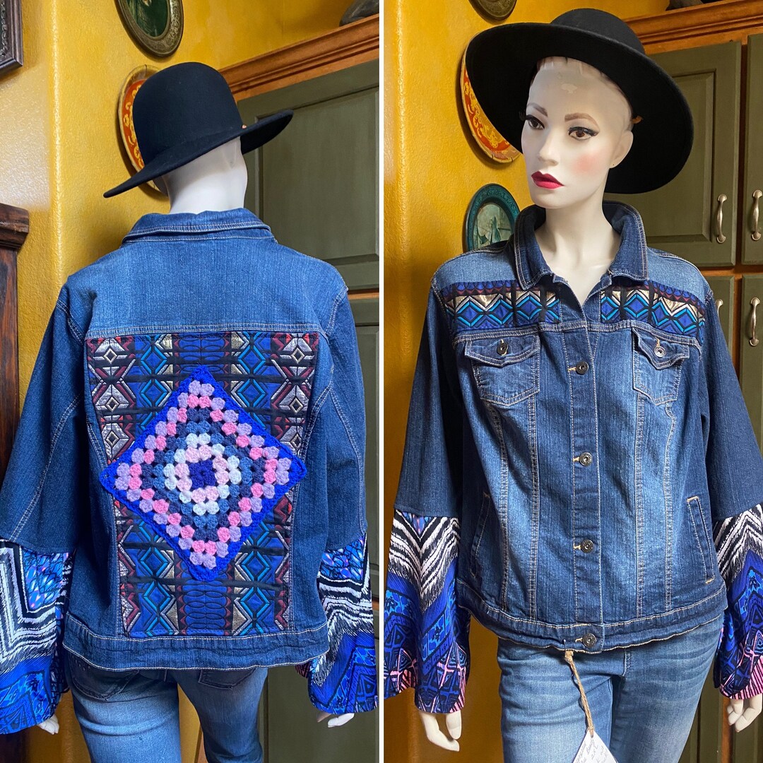 Upcycled Boho Denim Jacket, Refashioned Jean Jacket, Embellished Denim ...