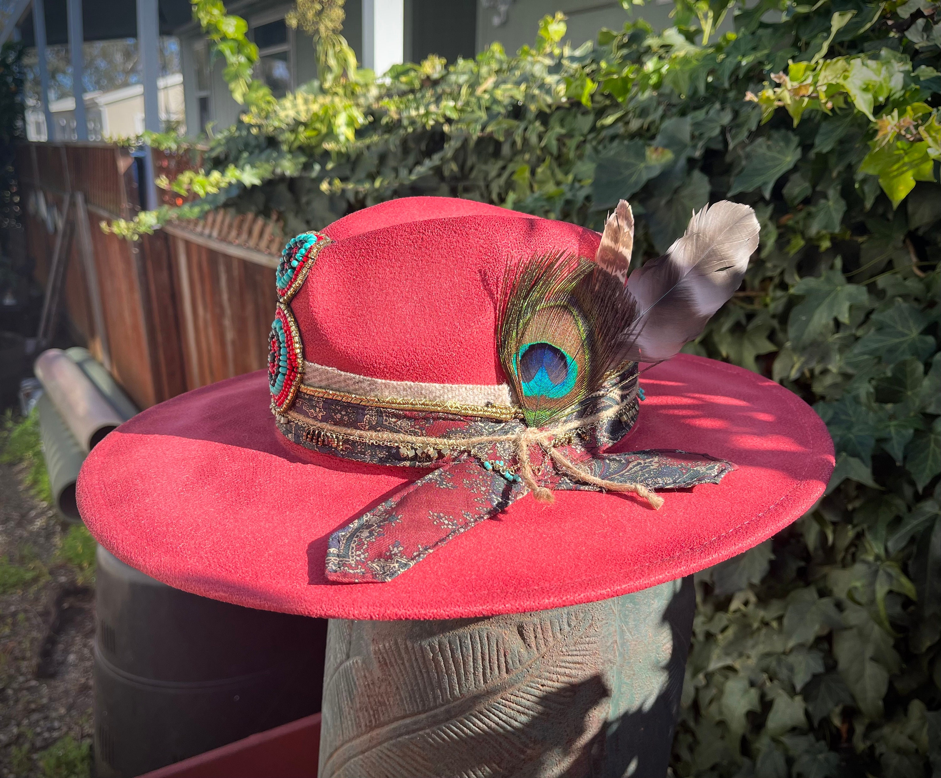 Upcycled Wide Brim Hat,burned Hat red Rose,embellished Hat, Flat Brim ...