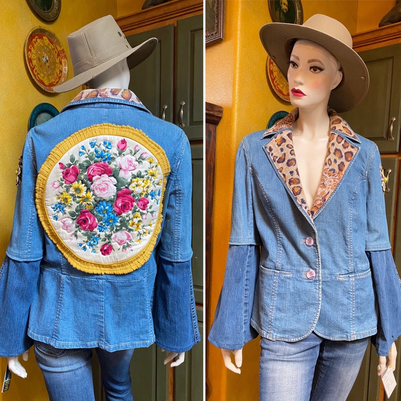 Upcycled Vintage Denim Blazer, Embellished Denim Blazer, Boho Blazer ...