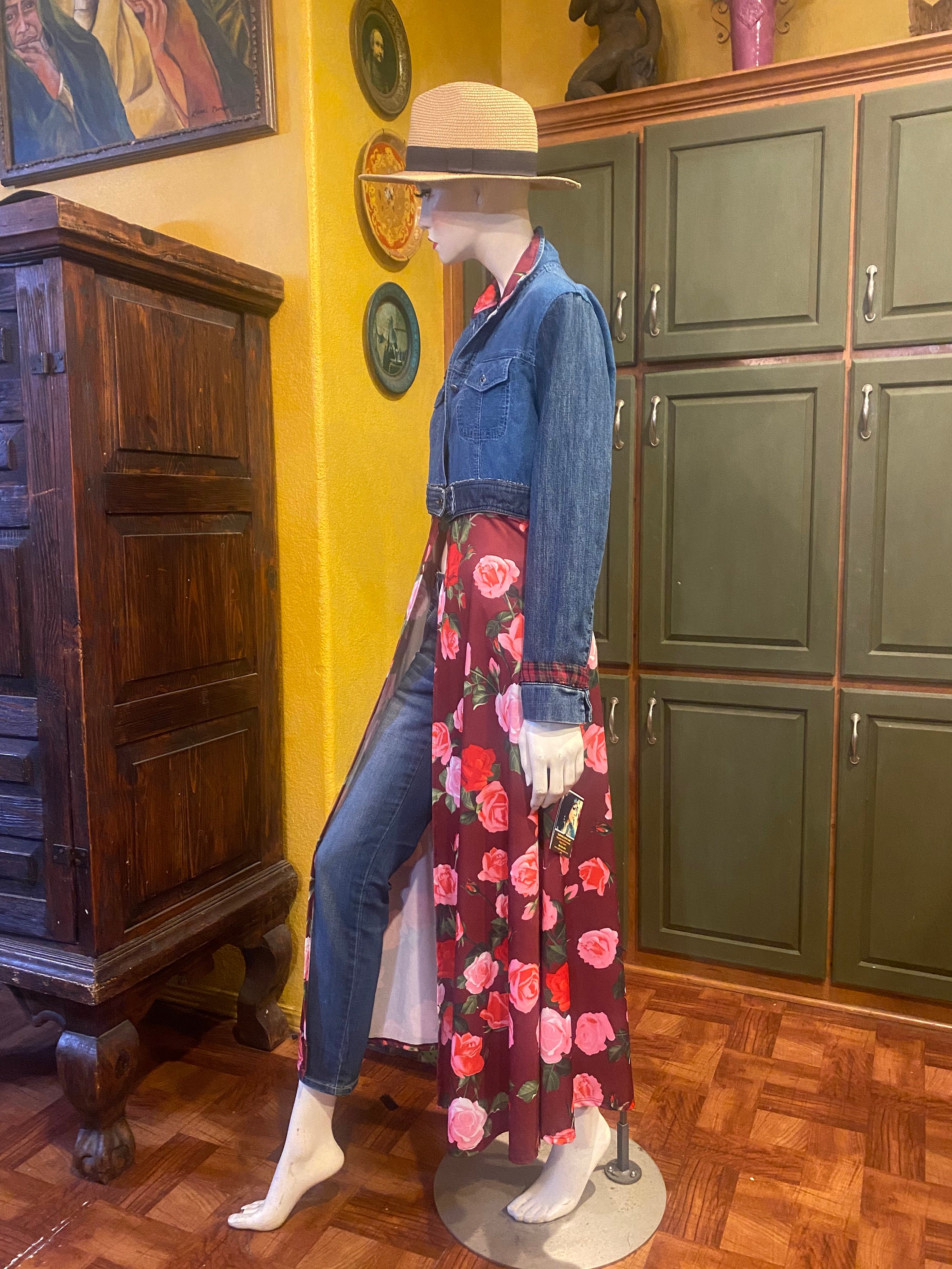 Upcycled Denim Duster, Refashioned Red Rose Duster, Gypsy Coat ...