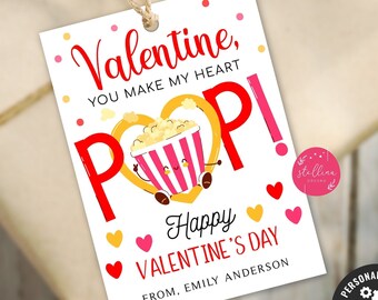 Valentine Popcorn Tags, You Make My Heart Pop Valentine Gift Tag, Gift ...