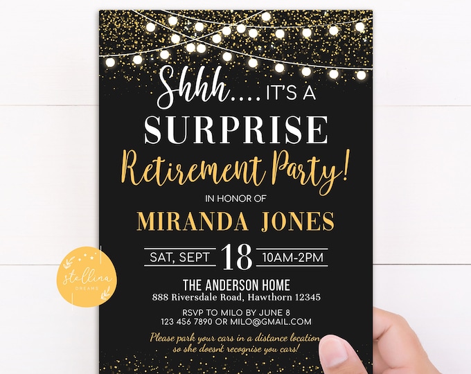 Editable Surprise Retirement Invitation Black Gold Printable Digital ...