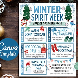 Winter School Spirit Week Itinerary: Editable CANVA Template, Weekly ...
