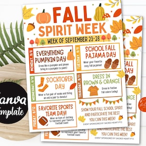 Editable Fall School Spirit Week Itinerary Schedule, Daily Weekly ...