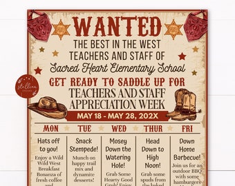 Western Themed Teacher Appreciation Week Itinerary Poster, Wild West ...