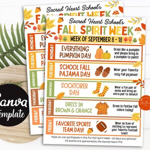 Fall Spirit Week Itinerary: Editable School Calendar (CANVA Template ...