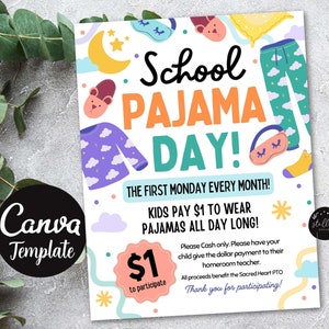 Editable School Pajama Day Flyer, School Spirit Party, Kids Elementary ...
