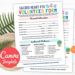 Editable PTO PTA Volunteer Form, Volunteer Signup Printable Handout ...