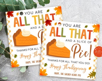 Thanksgiving Gift Tags, Grateful for You Pumpkin Pie Label, Fall Staff ...