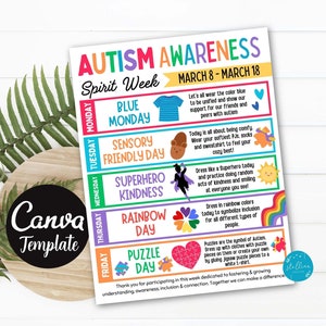 EDITABLE Autism Awareness Spirit Week Itinerary Schedule, Daily Weekly ...