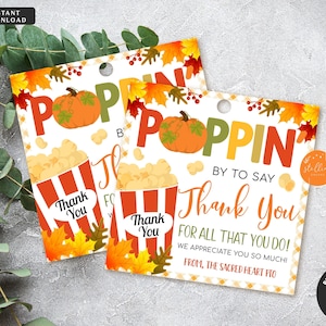 Editable Fall Popcorn Gift Tag, Volunteer Teacher Staff Employee School ...