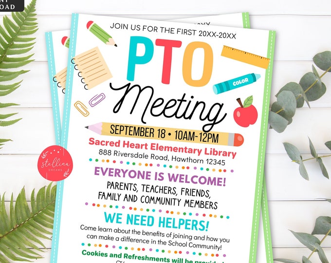 PTO PTA Meeting Informational Flyer, Printable Handout, School ...
