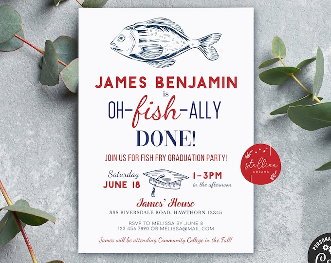 Editable Fish Fry Graduation Invitation, Printable Digital College Grad ...