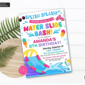 EDITABLE Water Slide Birthday Invitation Splash Party Invitation PINK ...