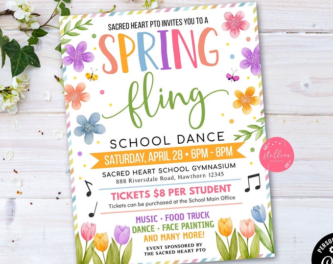 EDITABLE Spring Fling School Dance Invitation, Flyer Party Invitation ...