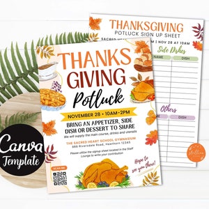 Thanksgiving Potluck Flyer & Sign up Sheet Set, Editable CANVA Template ...