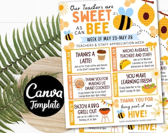 Sweet as Can BEE Teacher Appreciation Week Itinerary Template - Etsy